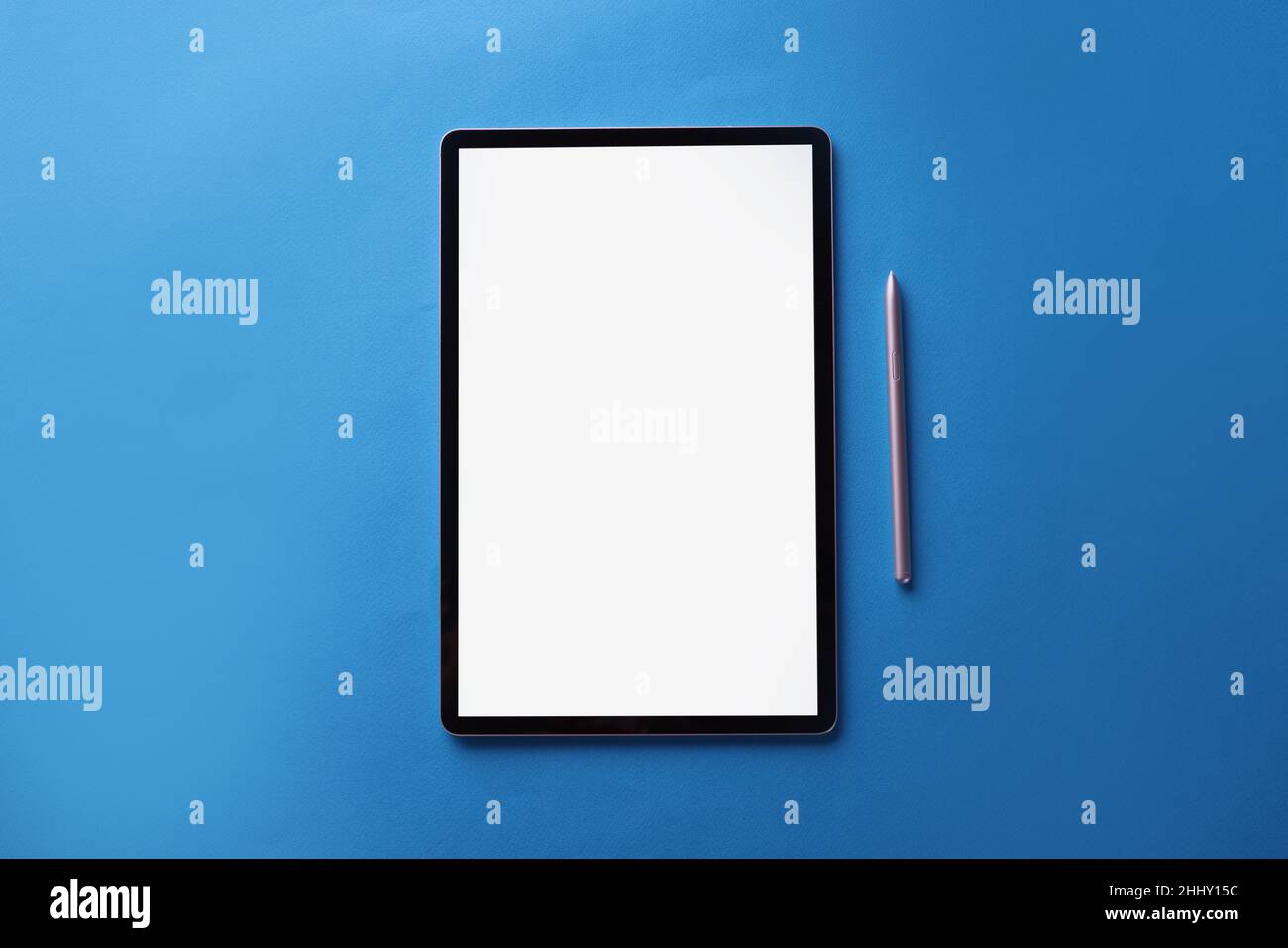 Set of black screen modern tablet device with reflection and silver pen ...