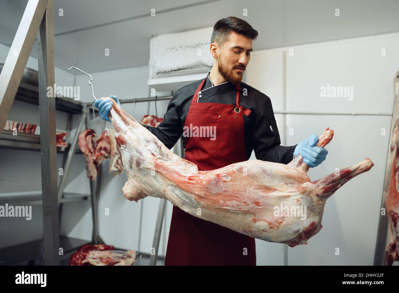 Male butcher standing by meat hanging on hook in meat shop Stock Photo ...