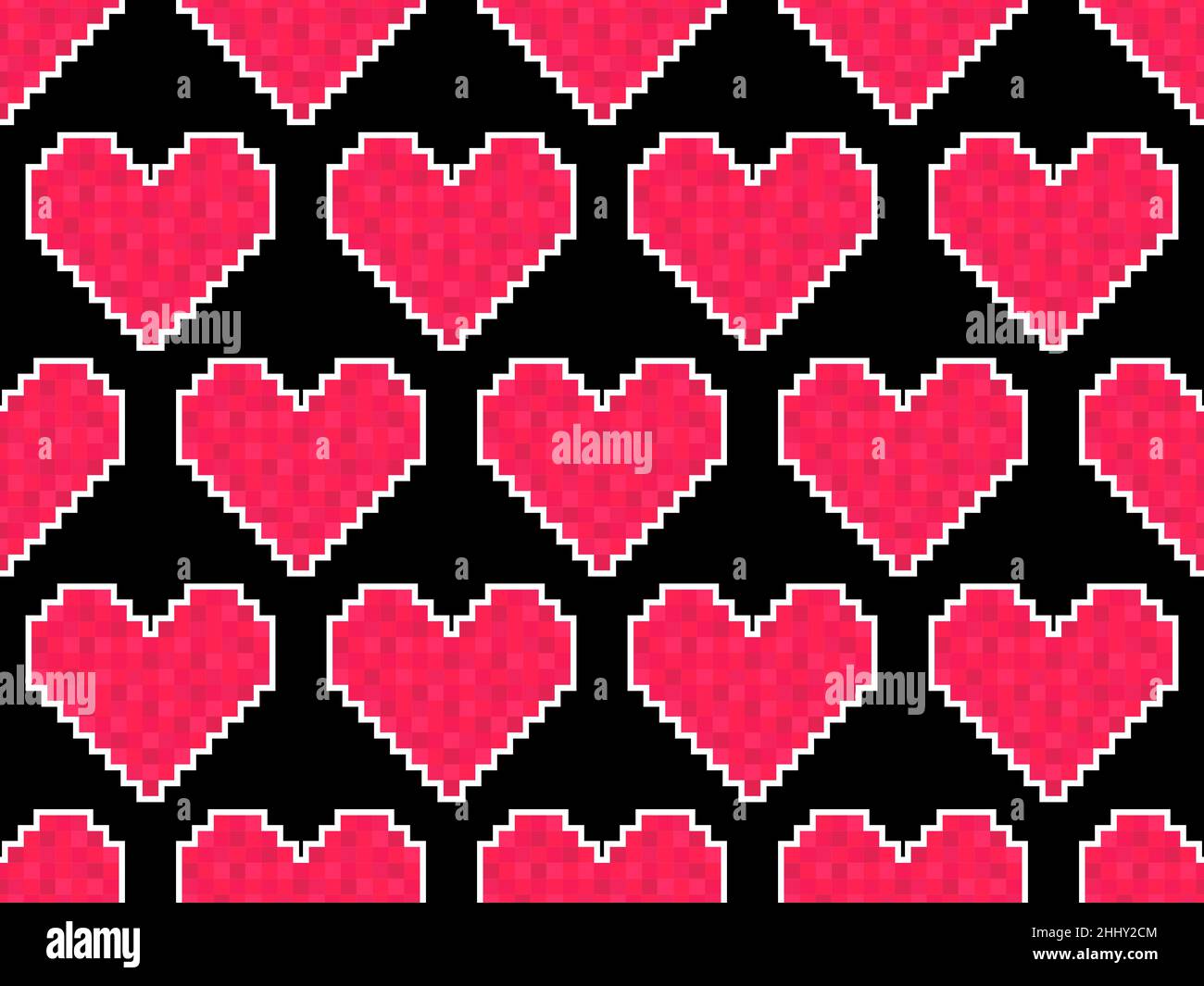 Pixel art hearts seamless pattern. 8-bit red hearts with white stroke ...