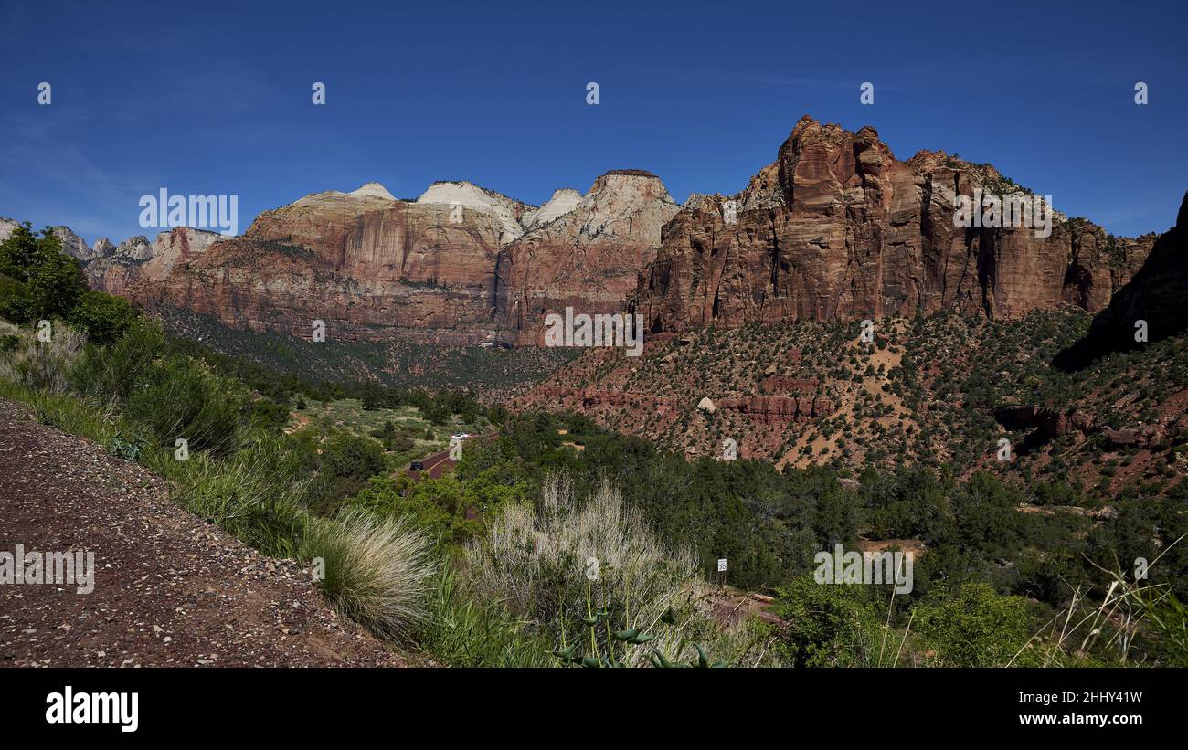 An amazing view of the rocky landscapes of Zion National Park against ...