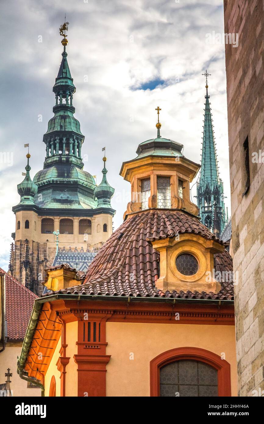 Towers of historic buildings in the Castle District of Prague, Czech ...