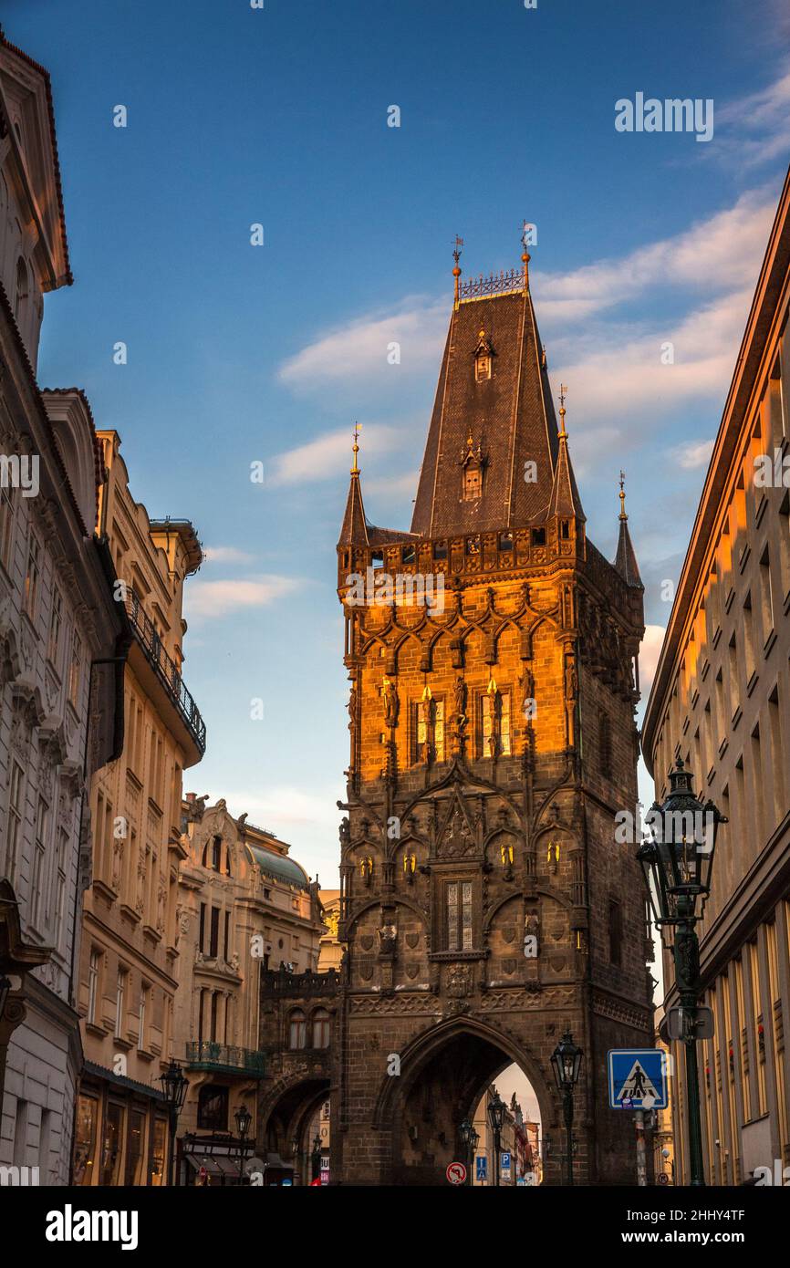 The Powder Tower at sunset. A city gate into the Old Town in Prague ...
