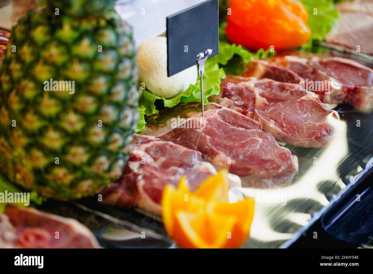 Fresh raw good quality meat on counter in Butcher shop Stock Photo - Alamy