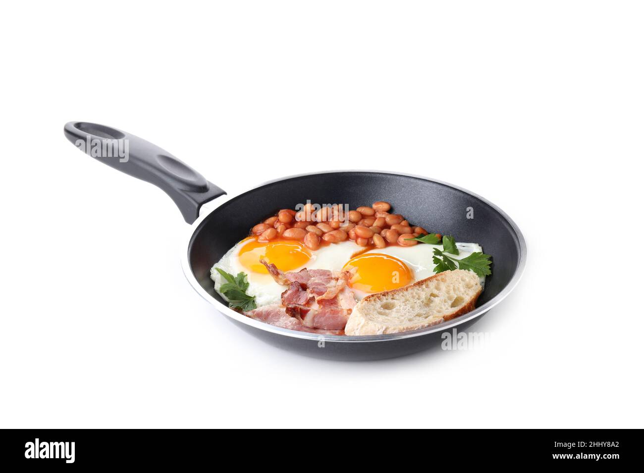 Pan with tasty breakfast isolated on white background Stock Photo - Alamy