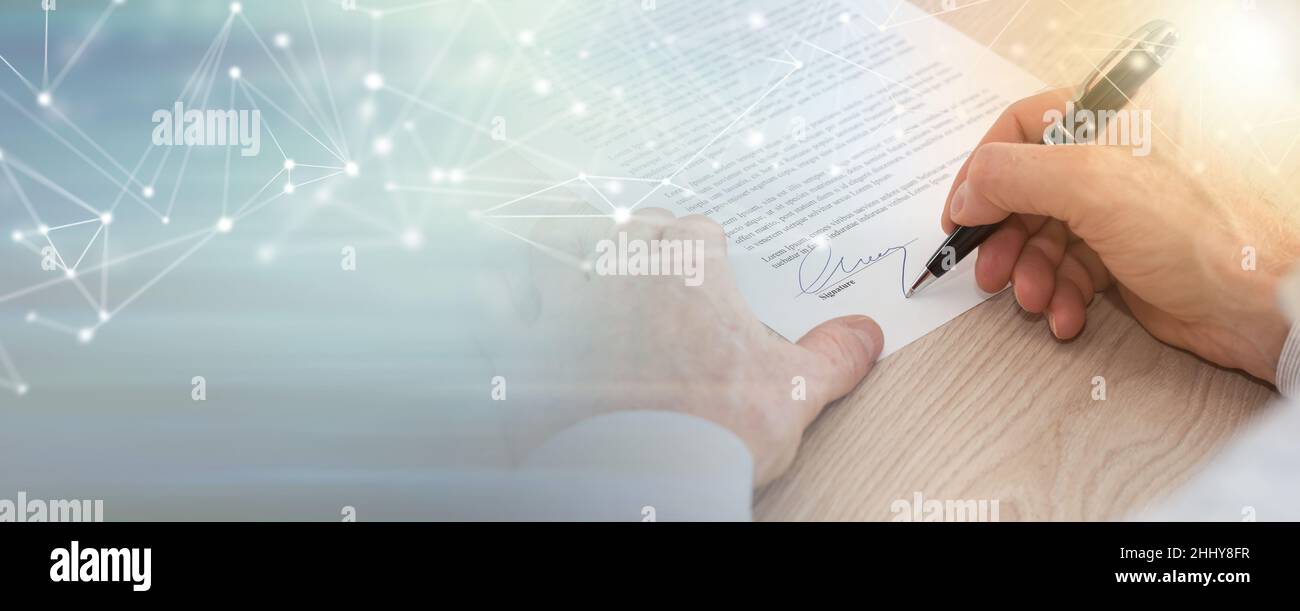 Man signing a legal document; panoramic banner Stock Photo - Alamy