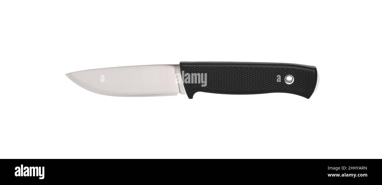 Modern hunting knife with silver blade and rubber handle. Steel arms ...