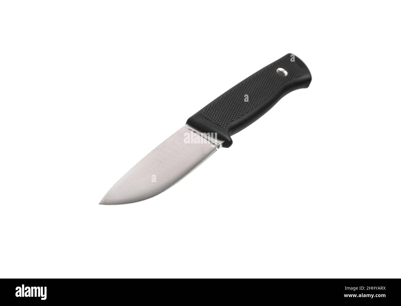 Modern hunting knife with silver blade and rubber handle. Steel arms ...