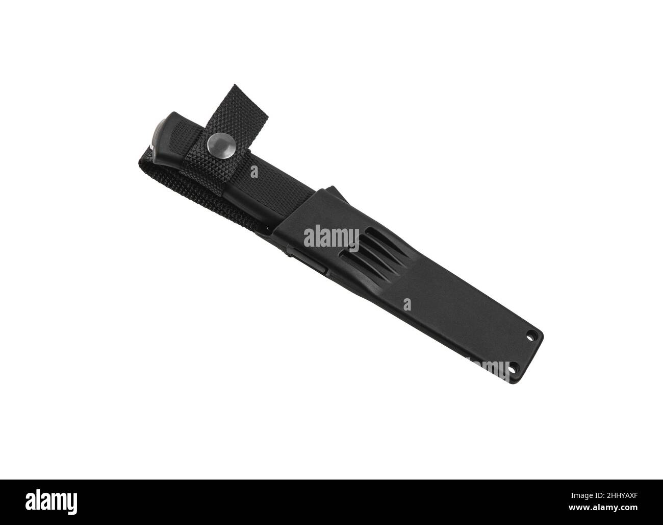 Modern hunting knife with silver blade and rubber handle. Steel arms ...