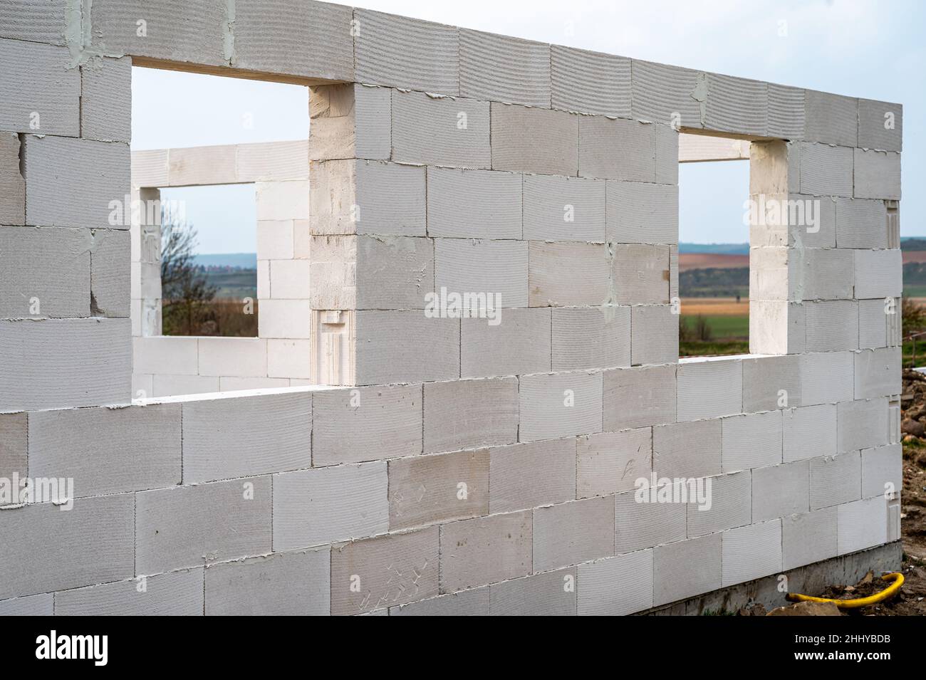 Masonry of a house in solid construction with aerated concrete blocks ...