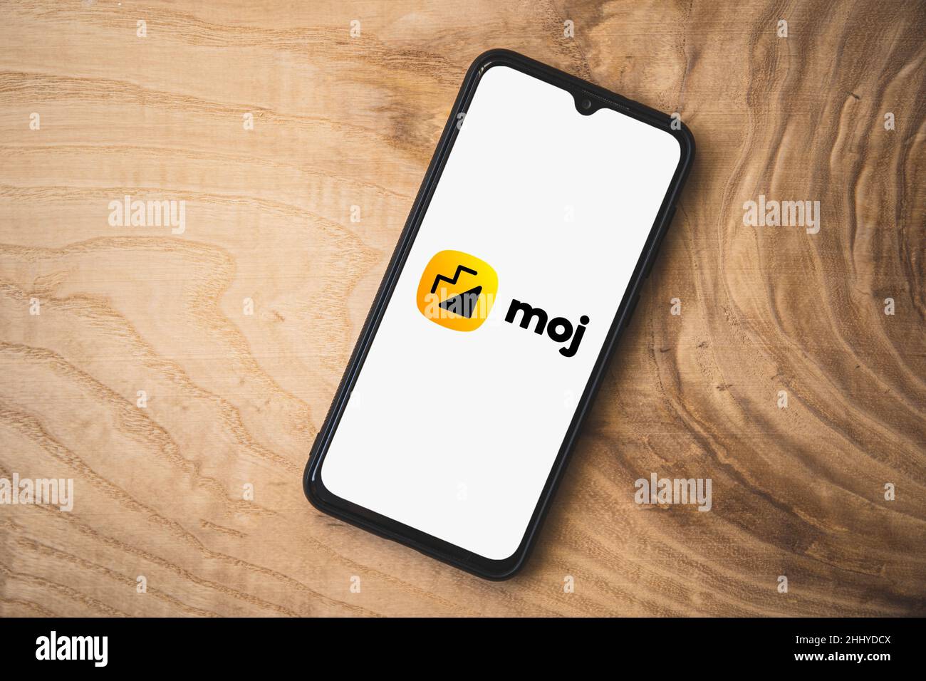 Moj application on smartphone. Top angle shot. Moj is an Indian video ...