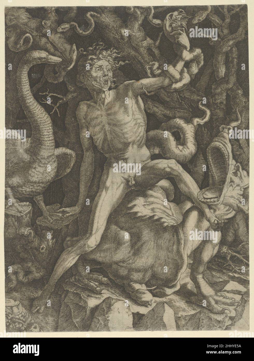 Fury personified as an emaciated man astride a monster, holding a skull ...