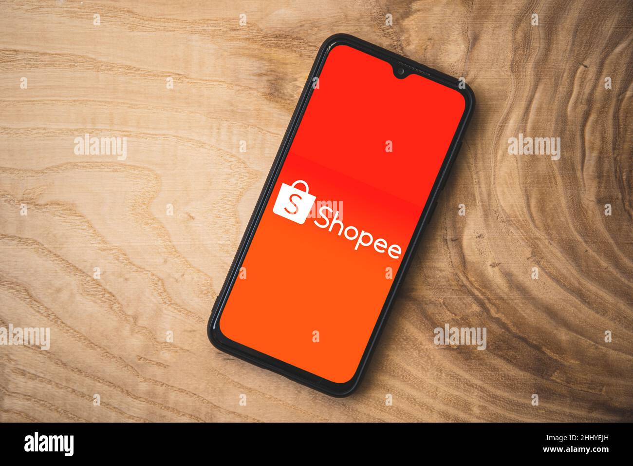 Shopee application on smartphone. Top angle shot. Shopee a Singaporean ...