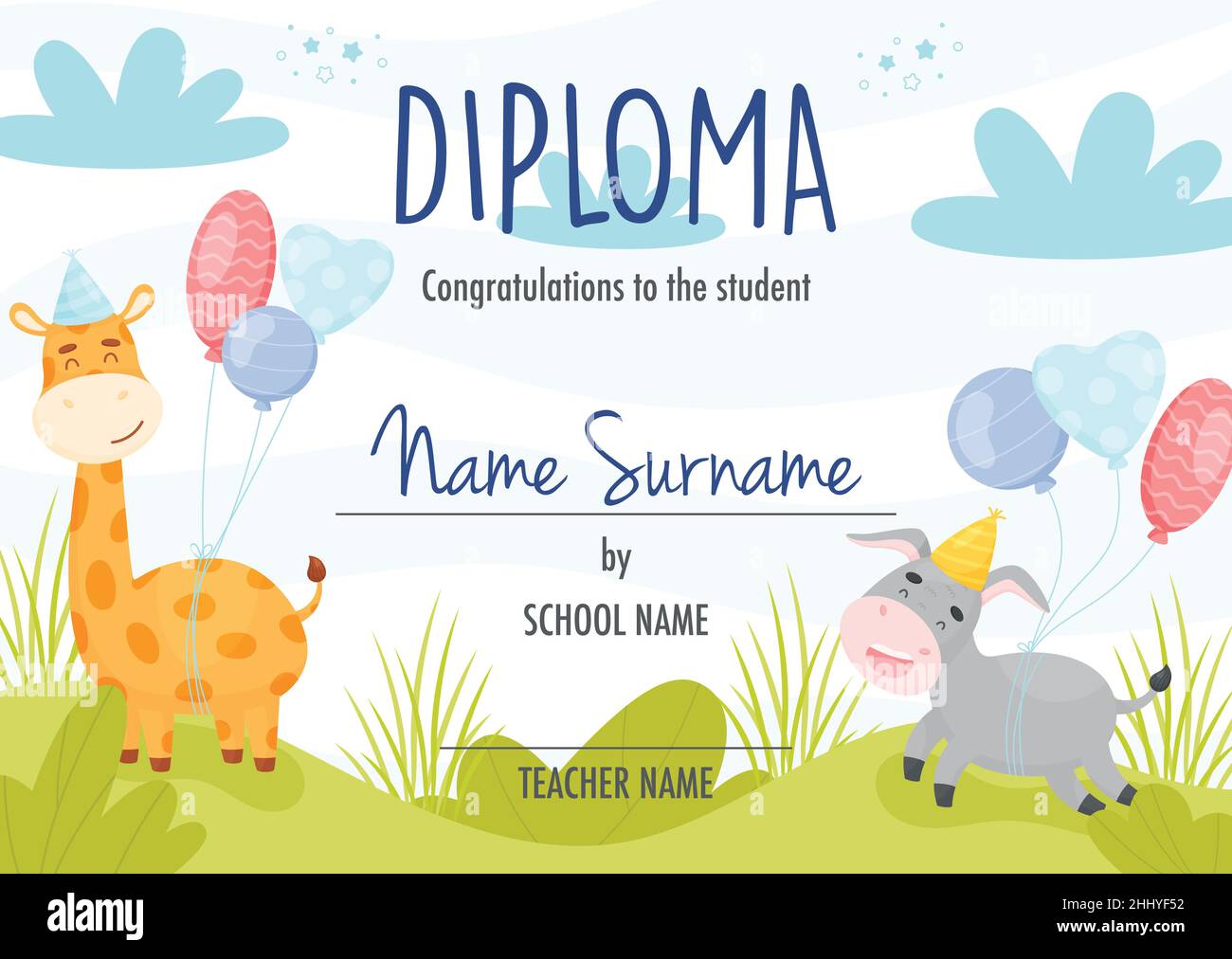 Diploma certificate concept template, with cute cartoon giraffe and ...