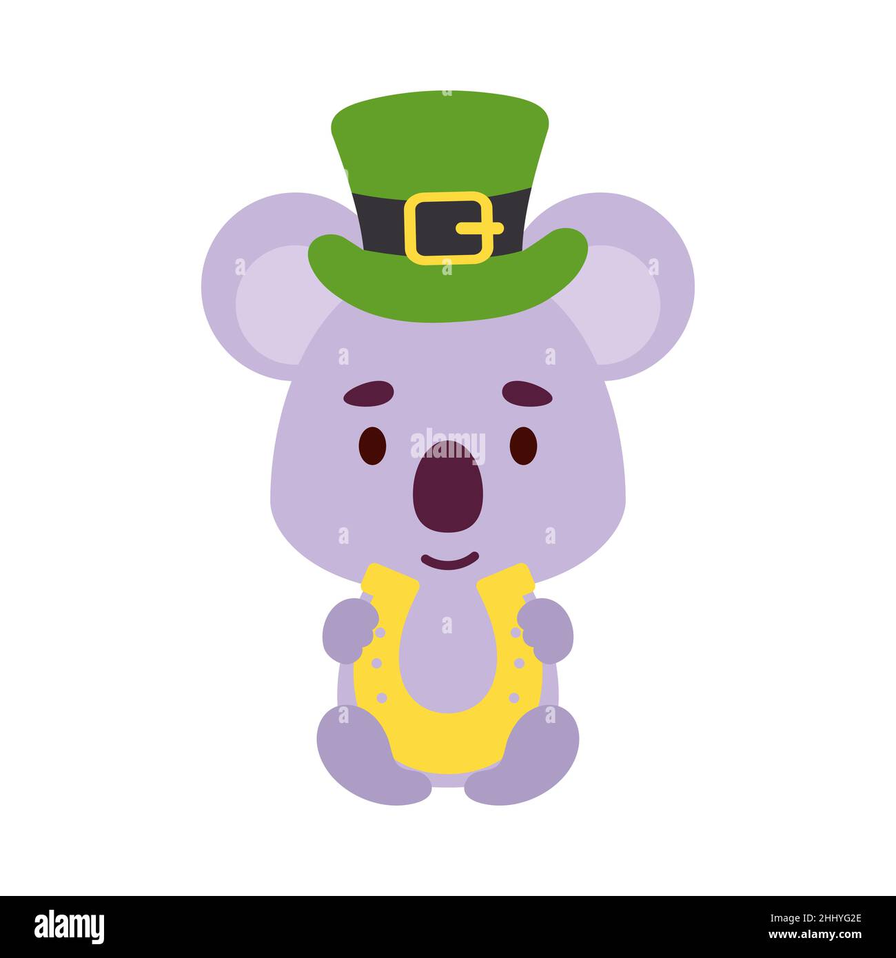 Cute koala St. Patrick's Day leprechaun hat holds horseshoe. Irish ...