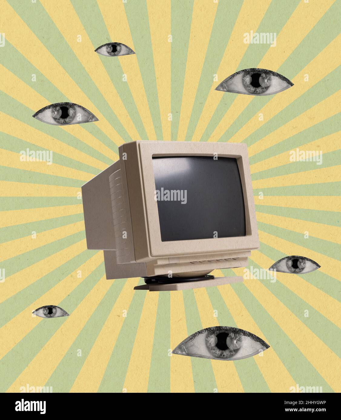 Contemporary art collage. Old-fashioned, retro computer, PC isolated ...