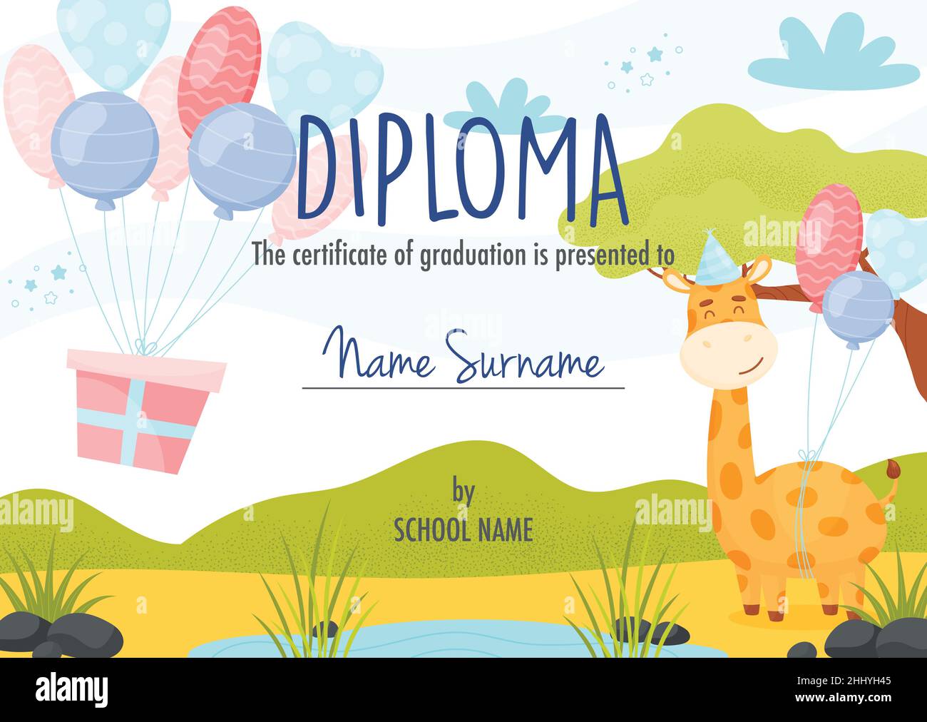 Diploma certificate concept template, with cute cartoon giraffe ...