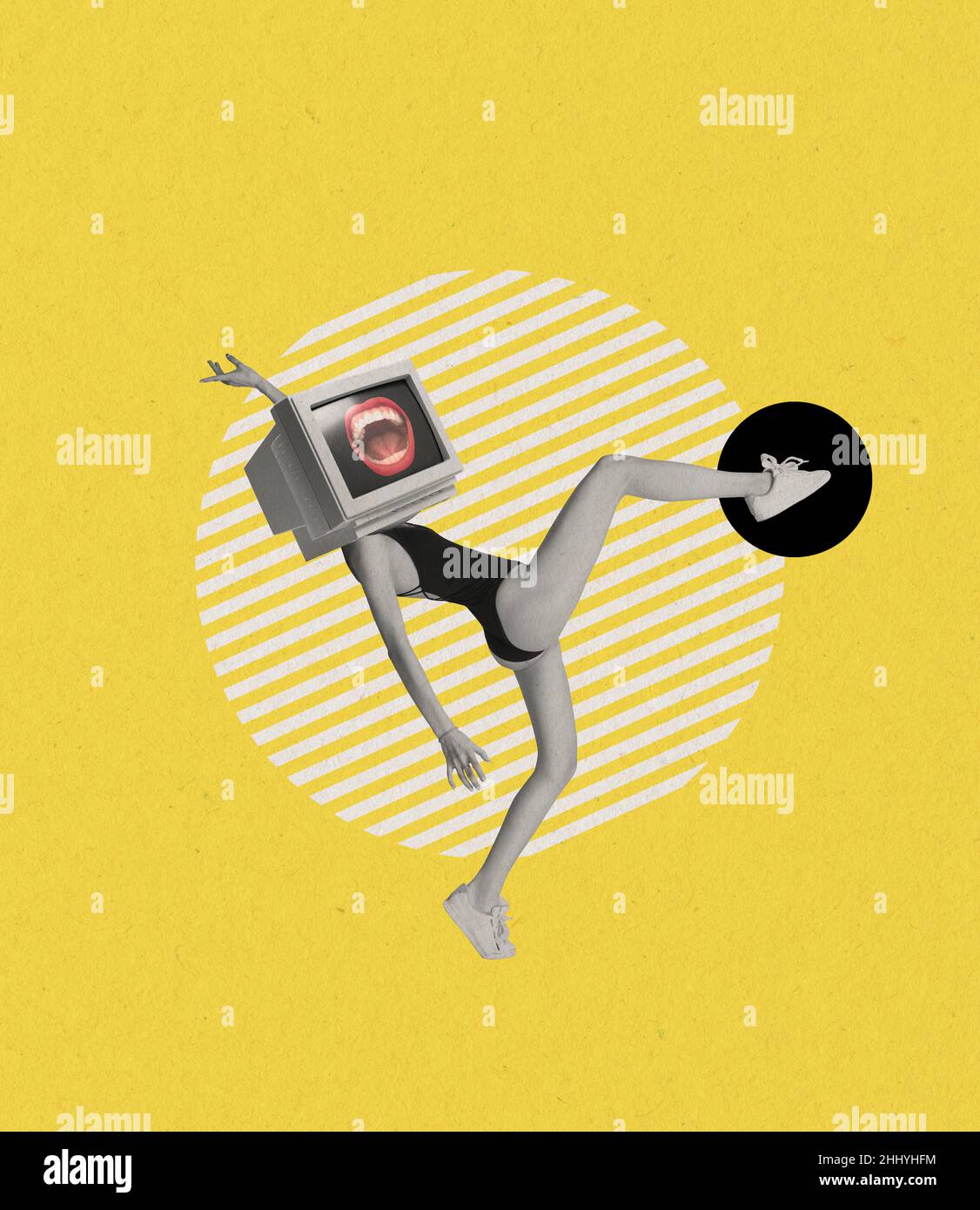 Contemporary artwork. Young slim girl wearing swimsuit with retro ...