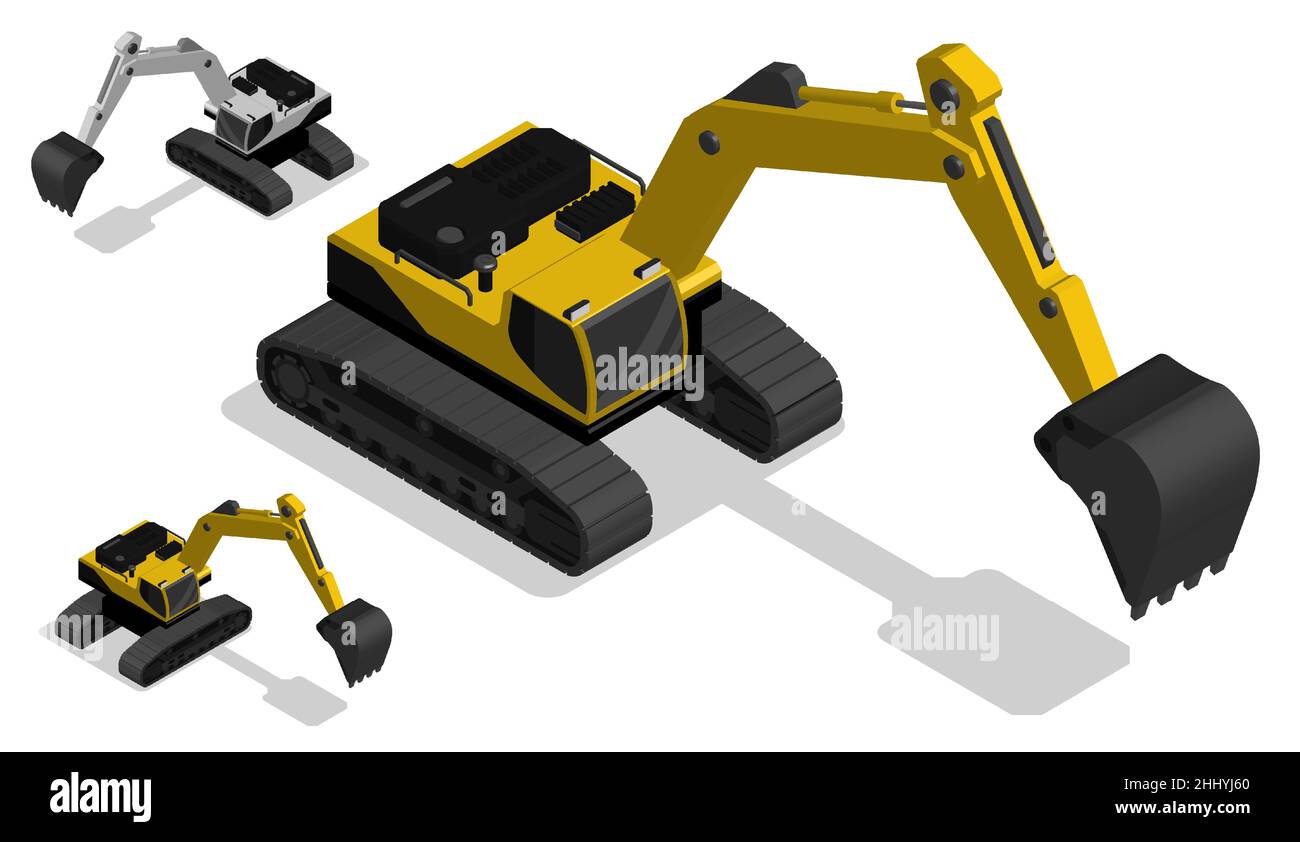 Isometric Heavy excavator machine for construction and earthworks ...