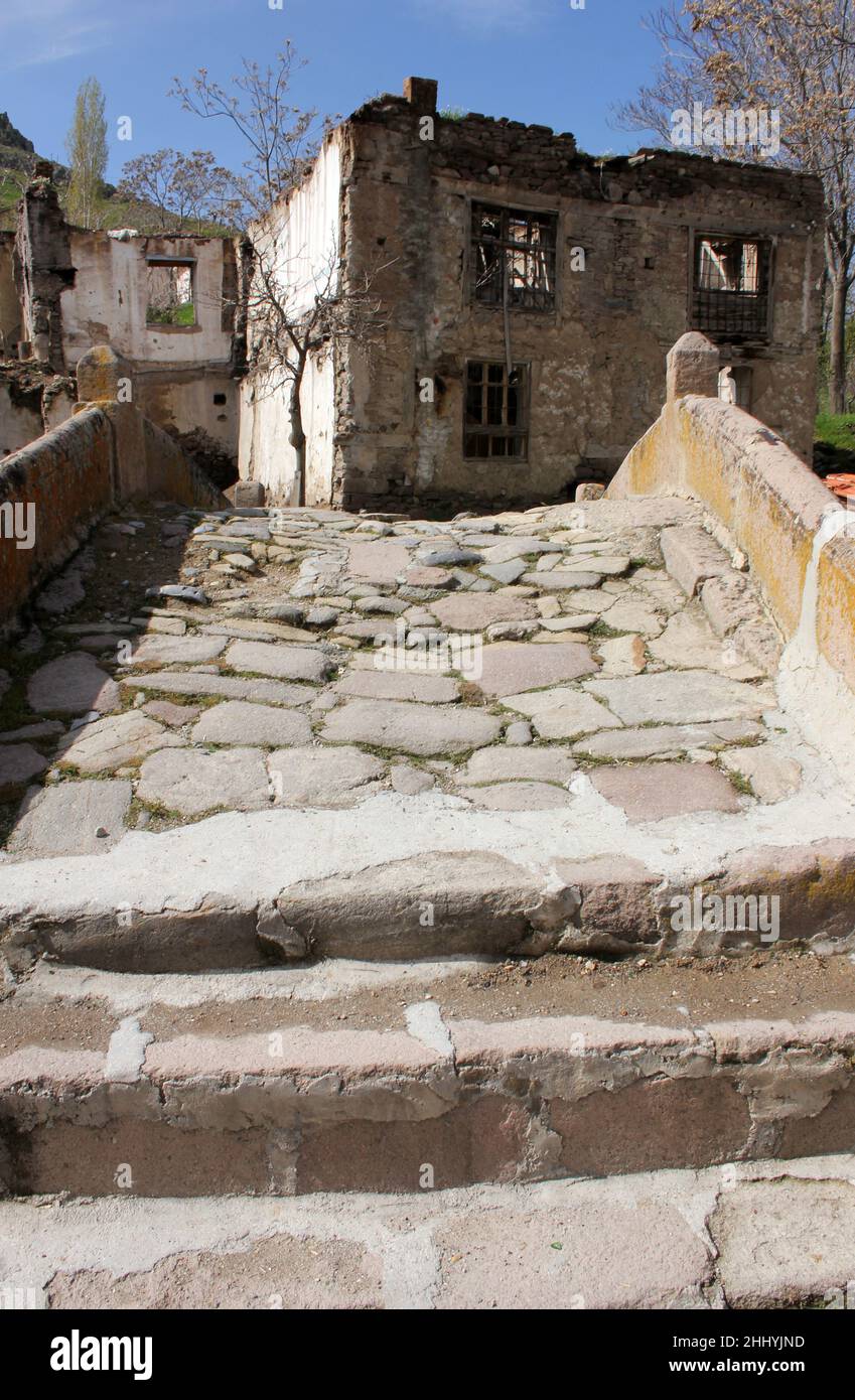 Damaged old stone house and stone bridge Sille Konya Turkey Stock Photo ...