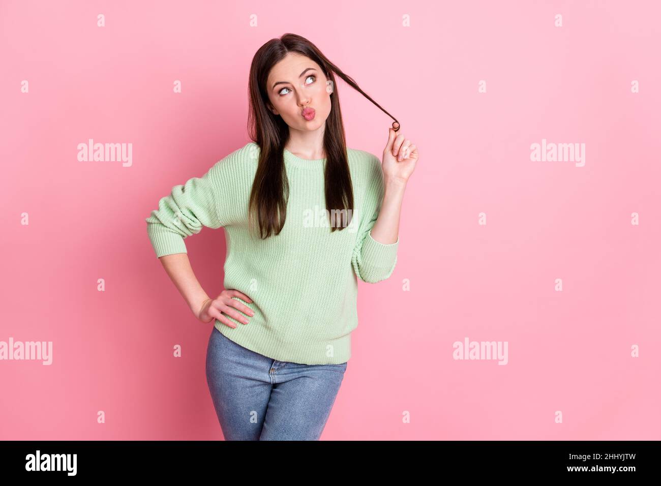 Portrait of adorable person arm on waist touch hairdo kiss lips look ...