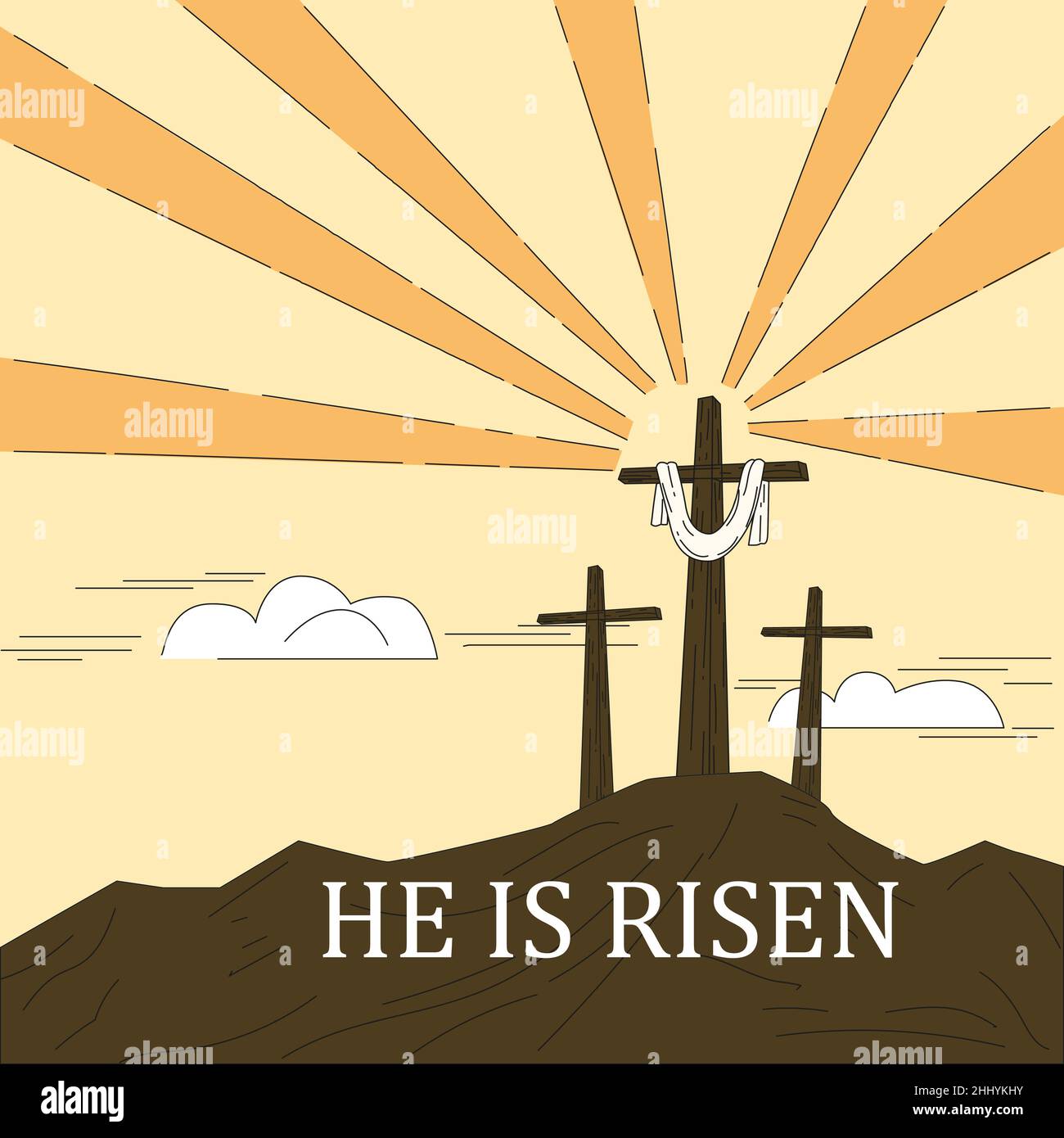 Christian cross on the religious holiday Easter. Text He Is Risen ...