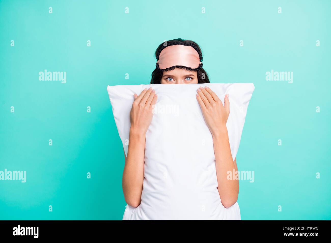 Photo of tricky funny young lady nightwear hiding behind big white ...