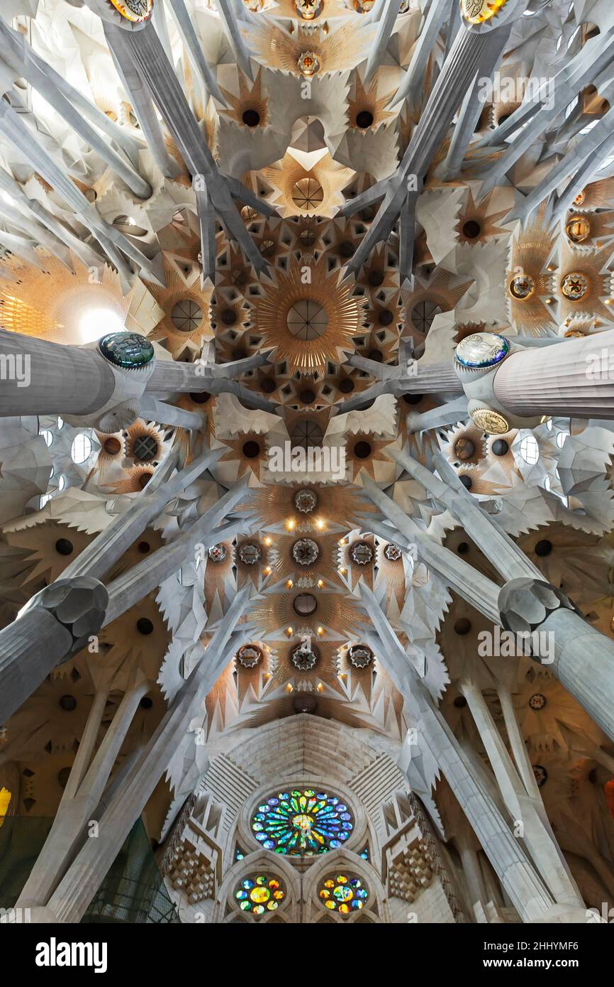 Colourful ceiling of interior of Sagrada Familia. Church of the Holy ...