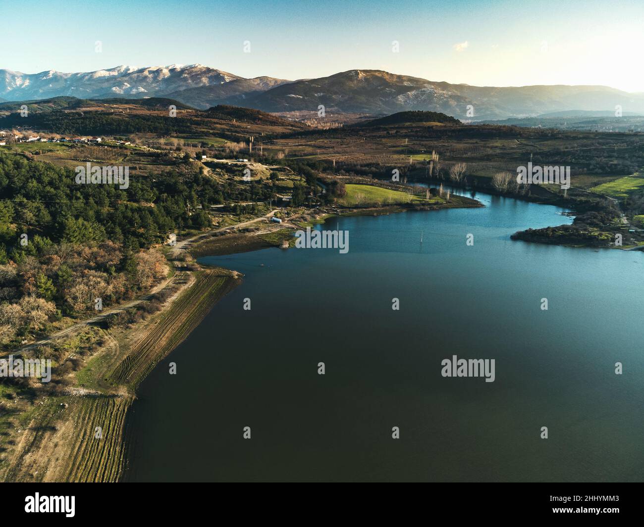 Aerial Top view of the Bayramic dam lake with mount Ida Stock Photo - Alamy