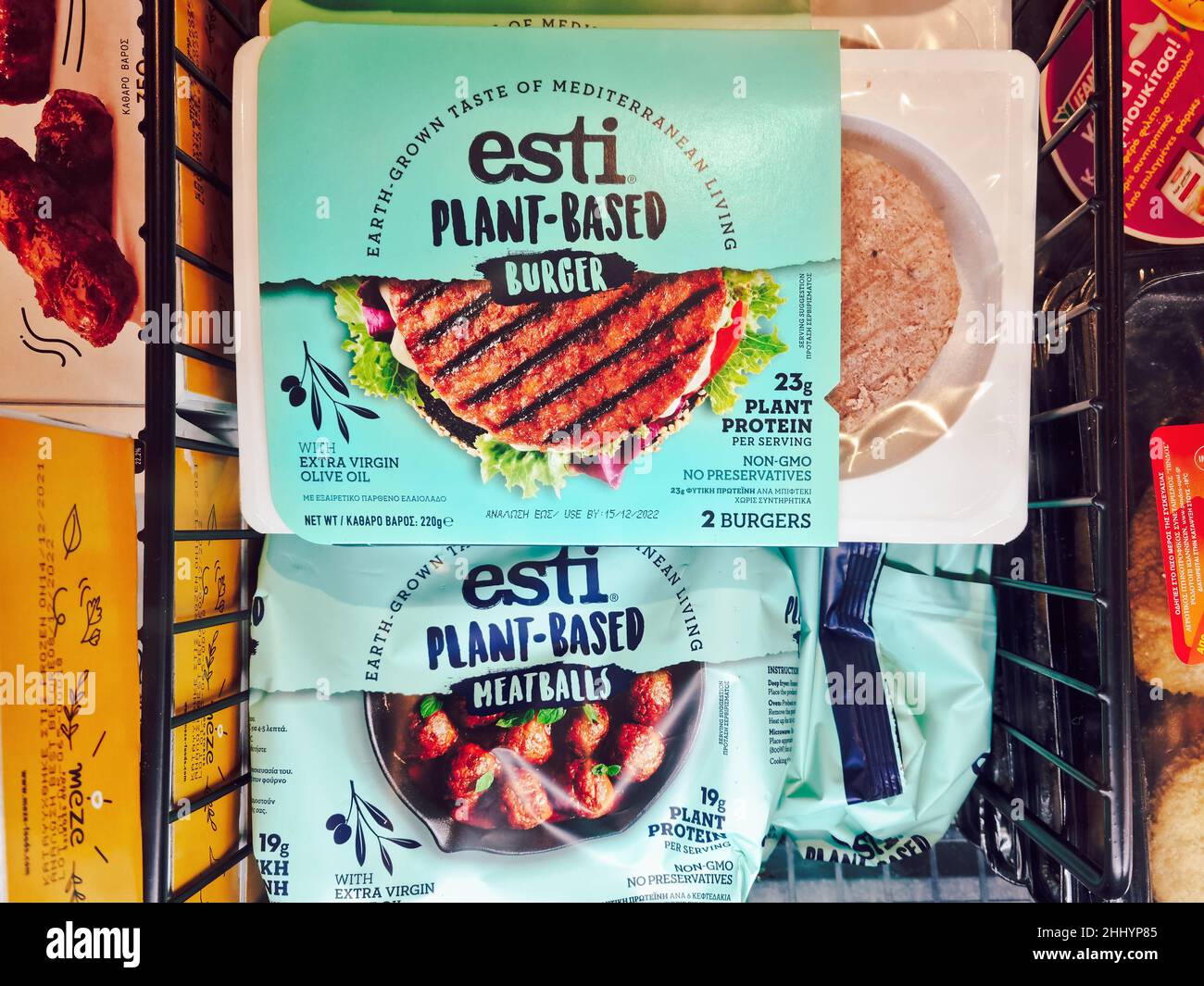 Plant based vegan meat on sale at supermarket. Store interior top view ...