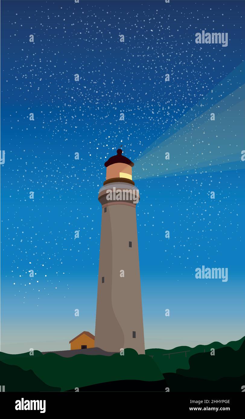 Dawn landscape with lighthouse in flat style. The lighthouse shines at ...