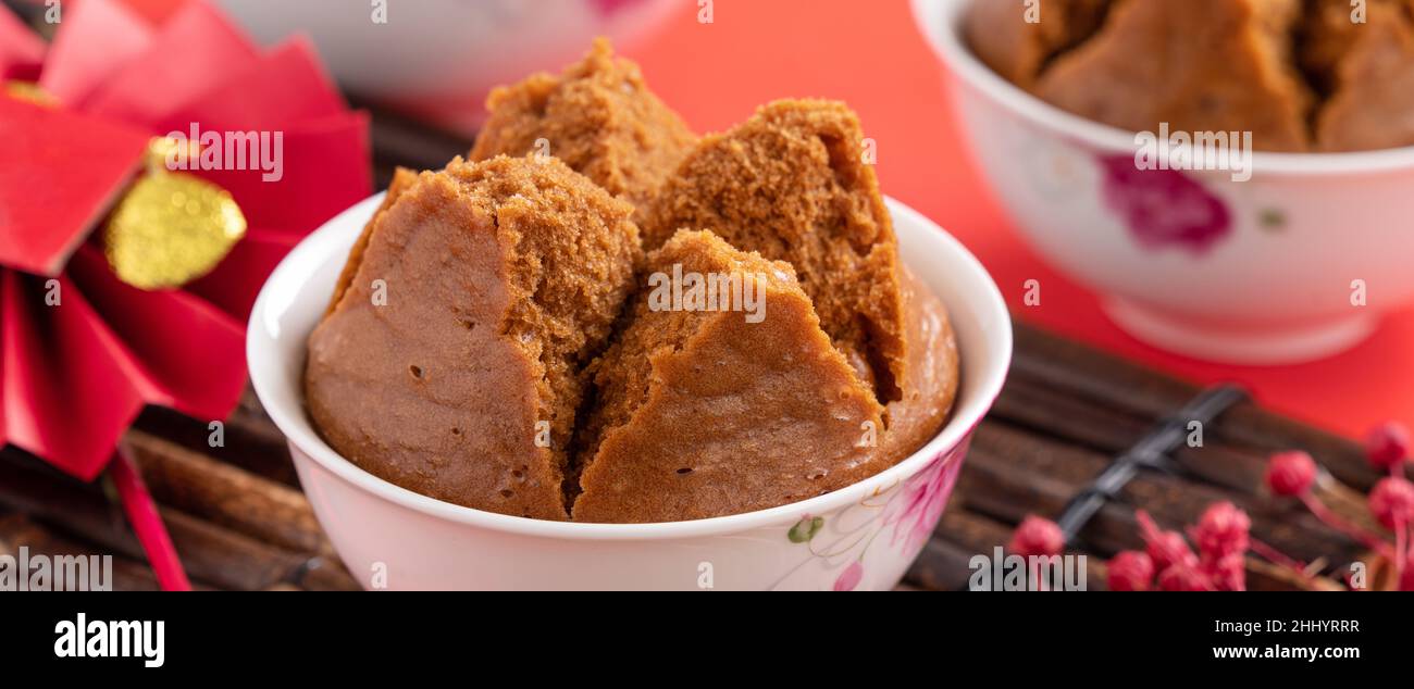 Close up of delicious Chinese steamed sponge cake named Fa Gao for ...