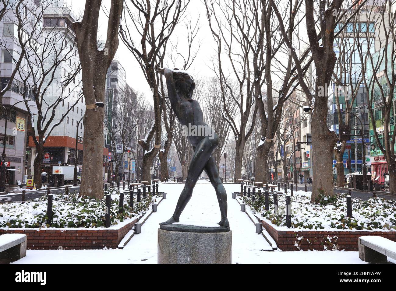 Sendai City, Miyagi Prefecture Japan, January 2022.A bronze statue of ...