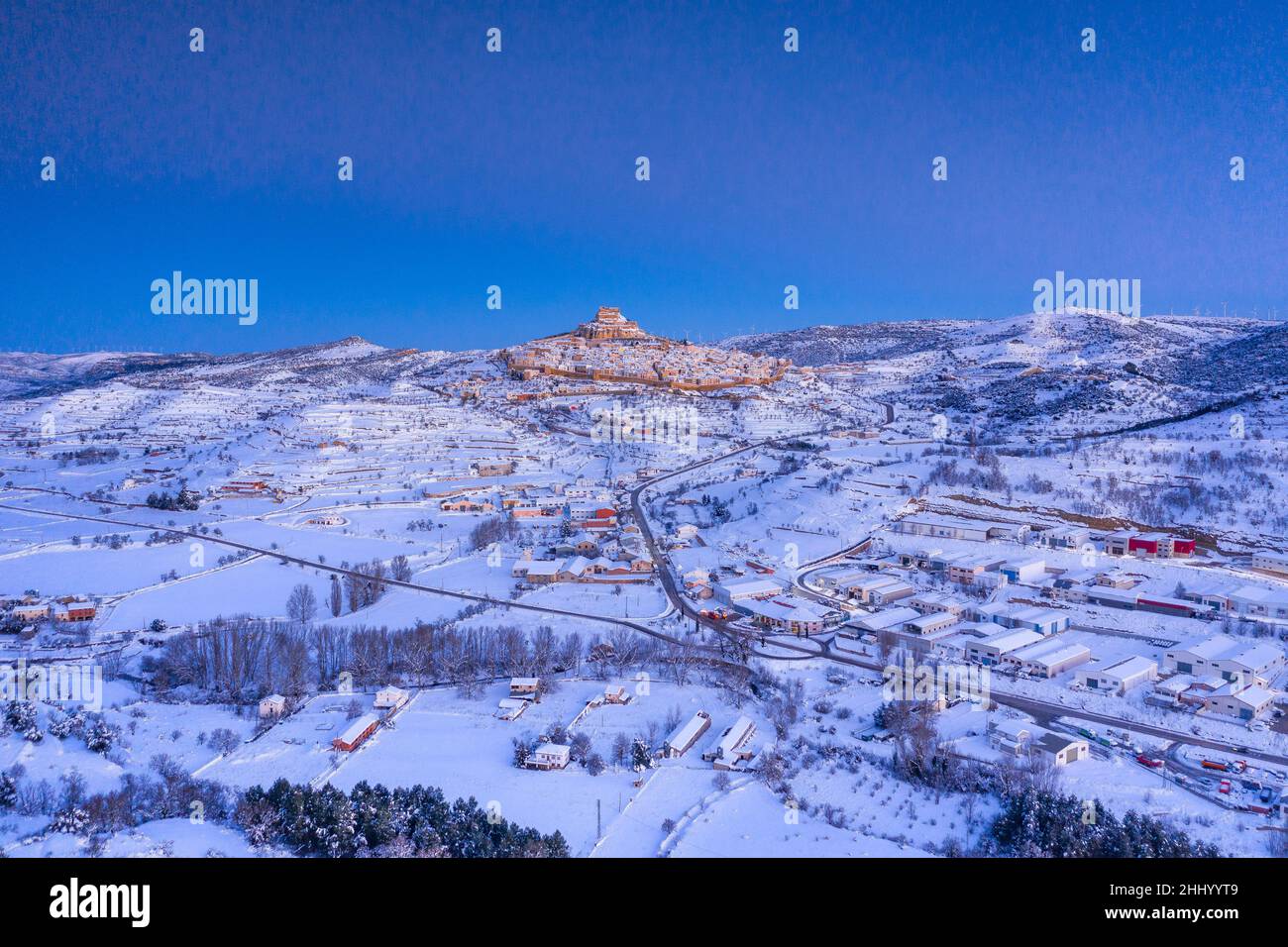 Morella medieval city aerial view in a winter blue hour after a ...