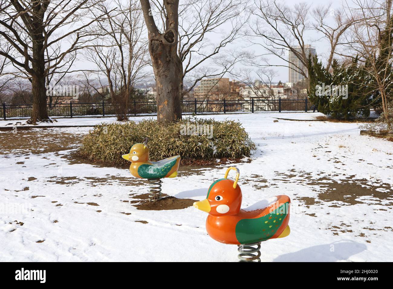 Sendai City, Miyagi Prefecture Japan January 2022. Play set with snow ...