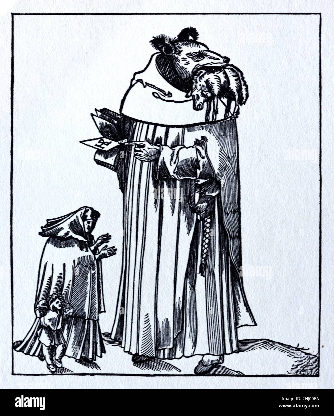 Satirical Wood Engraving of a Wolf Monk or Werewolf Devouring Innocent ...