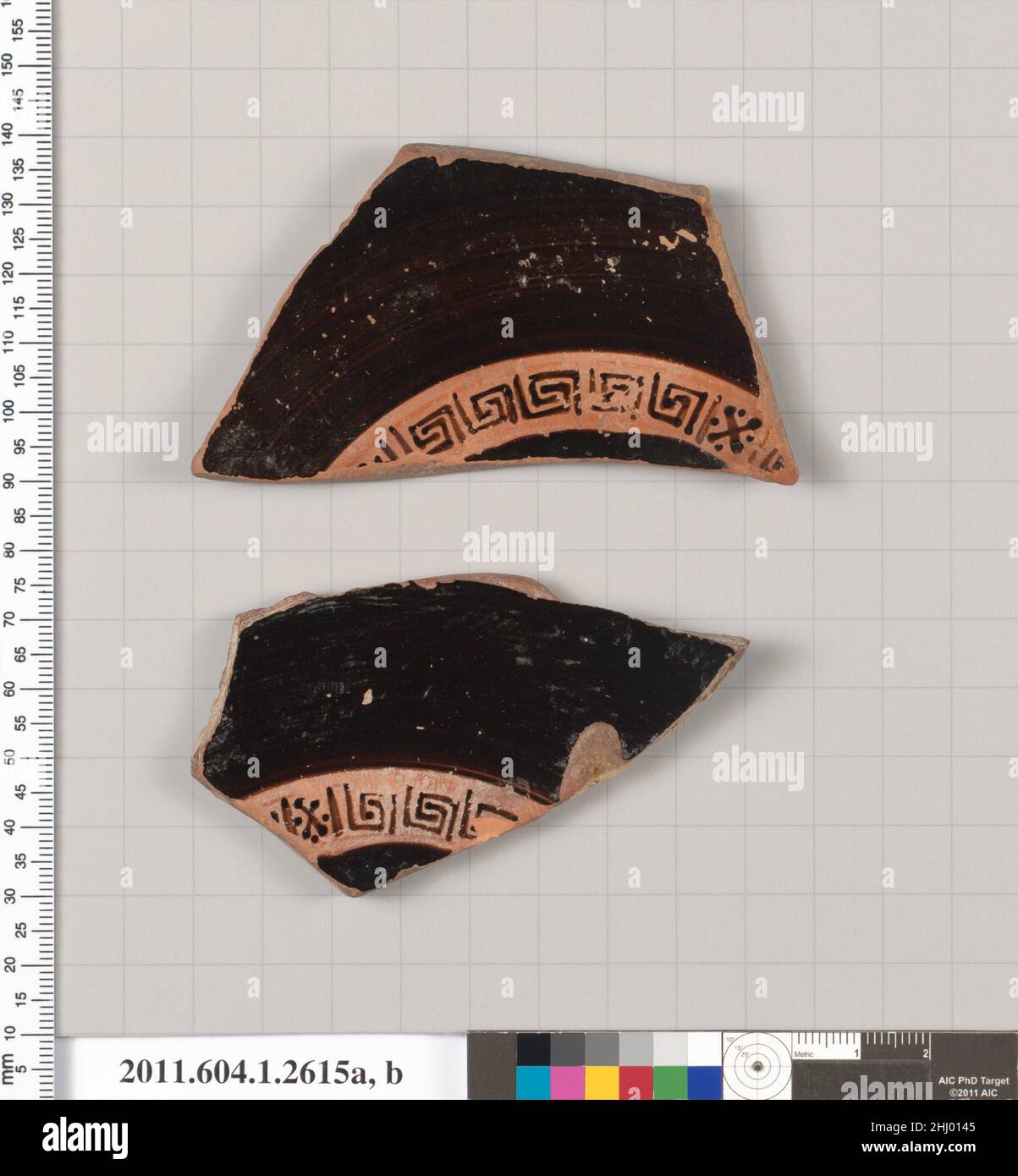 Terracotta fragments of kylikes (drinking cups) 500–480 B.C. Greek, Attic Interior, two kylix ...