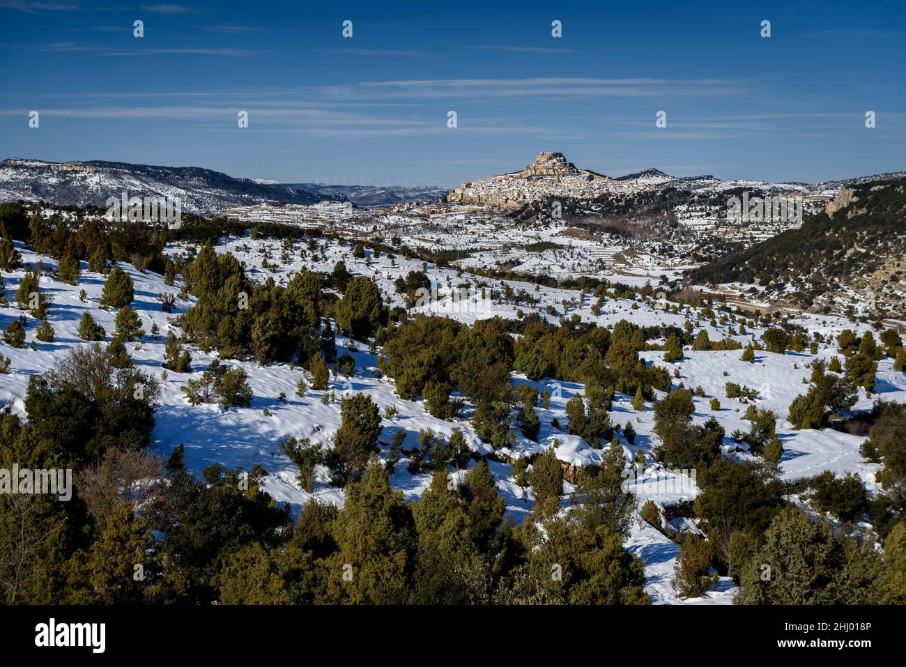 Medieval castle and walled city of Morella on a winter day after a ...