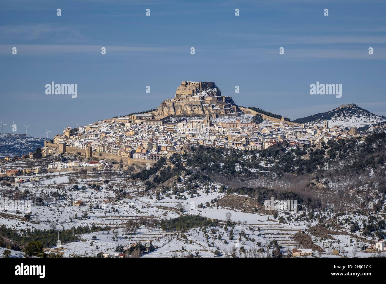 Medieval castle and walled city of Morella on a winter day after a ...