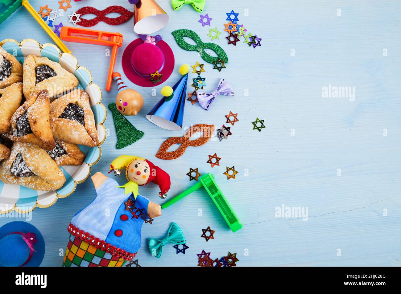 Purim, jewish carnival holiday celebration background. Top view, flat ...