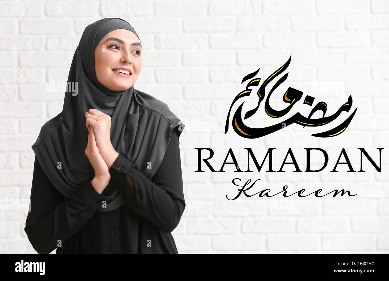 Young Muslim woman on white brick background. Ramadan celebration Stock ...