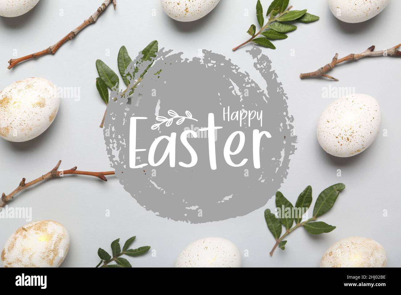 Cute greeting card for Happy Easter with eggs Stock Photo - Alamy
