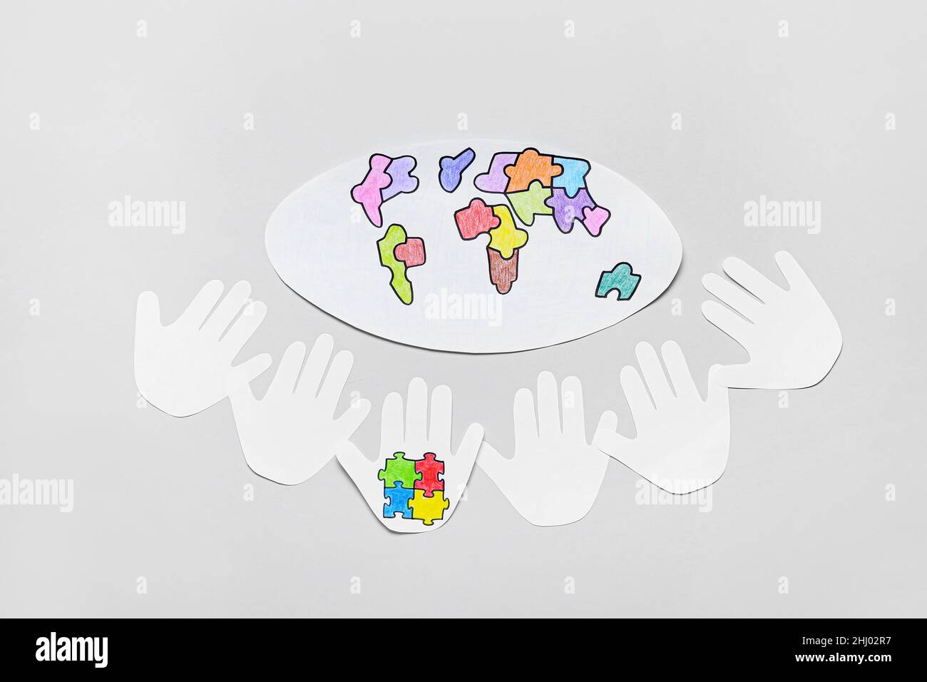 Drawn world map and human palms on light background. Concept of ...