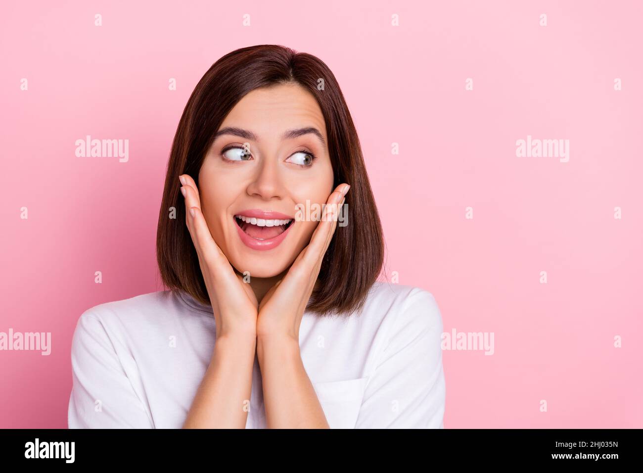 Photo of impressed millennial bob hairdo lady look promo wear white t ...