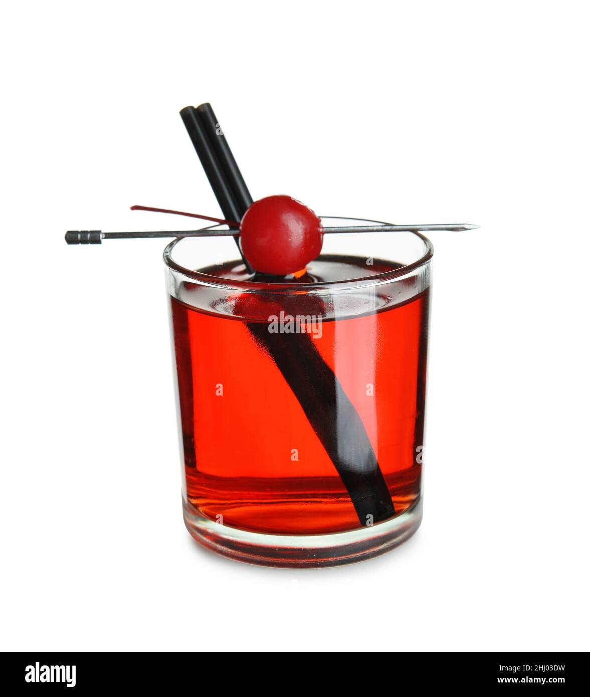 Glass of Manhattan cocktail on white background Stock Photo - Alamy