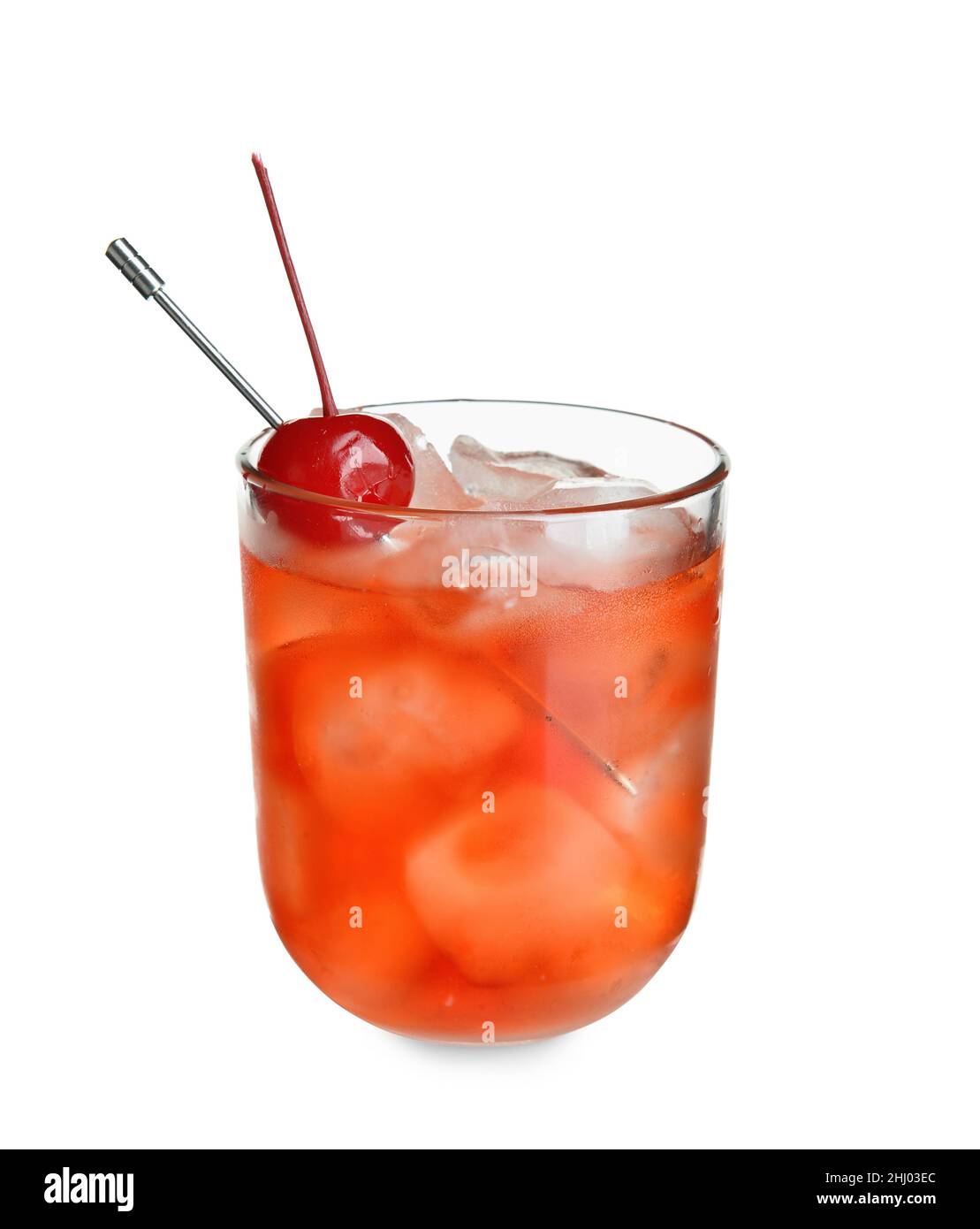 Glass of Manhattan cocktail with cherry and ice on white background ...