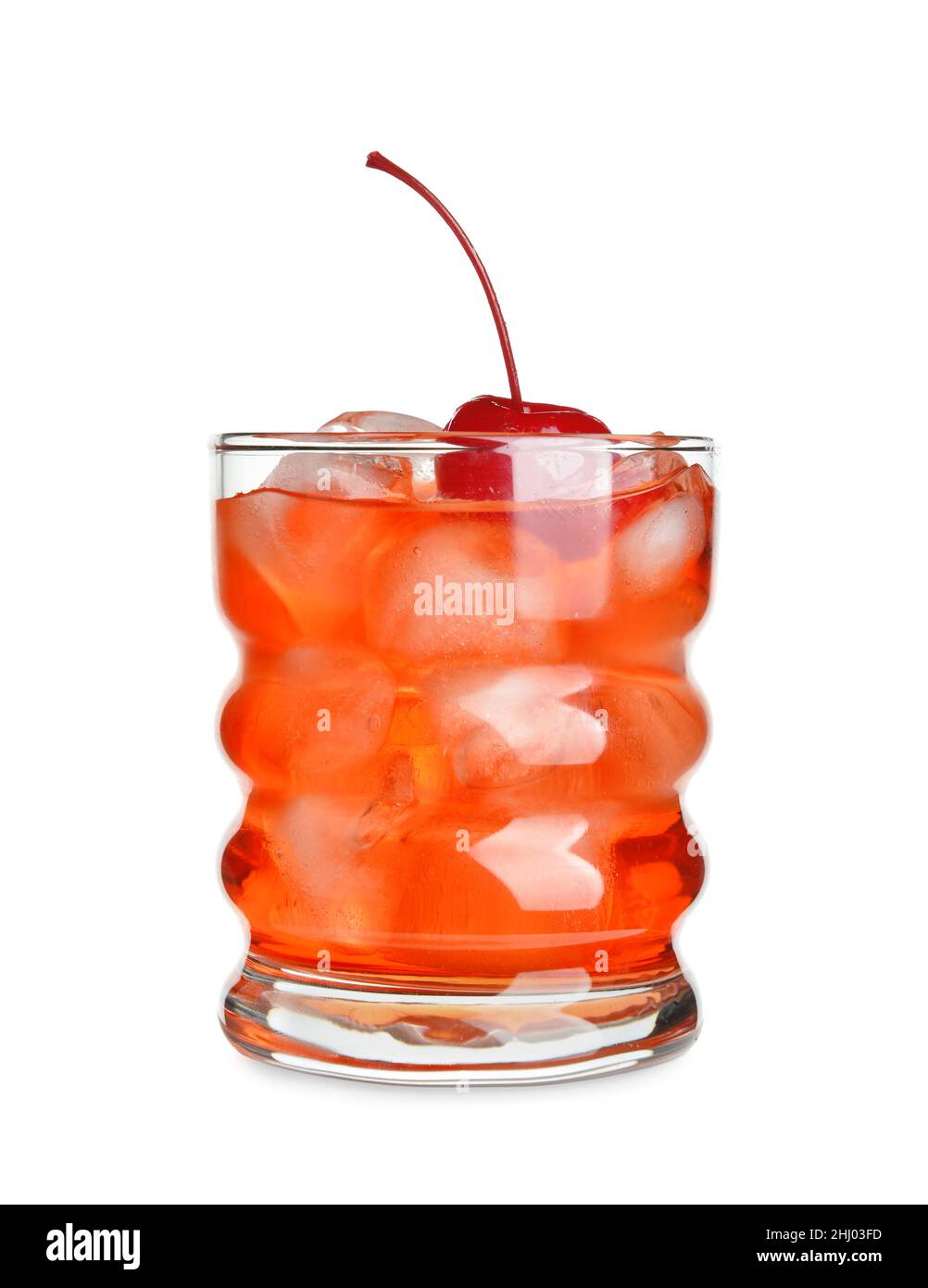 Glass of Manhattan cocktail with cherry and ice on white background ...
