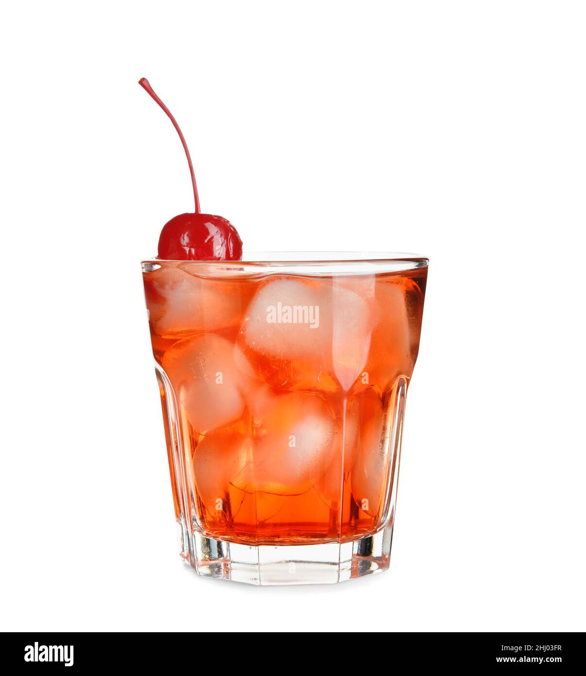 Glass of Manhattan cocktail with cherry and ice on white background ...