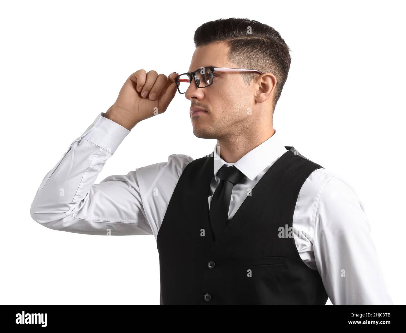Fashionable gentleman wearing stylish eyeglasses on white background ...