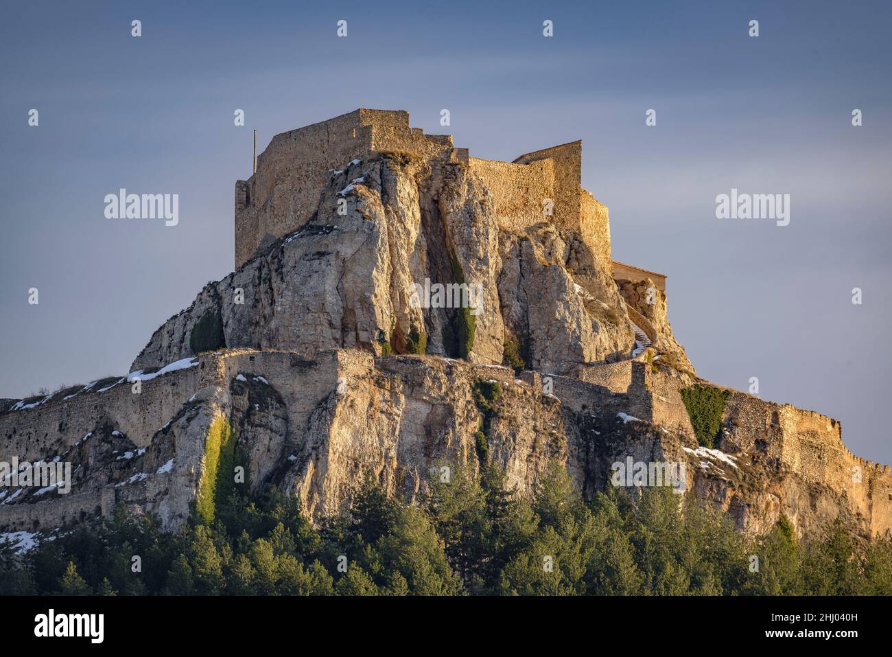 Morella medieval castle in a winter sunset, after a snowfall (Castellón ...
