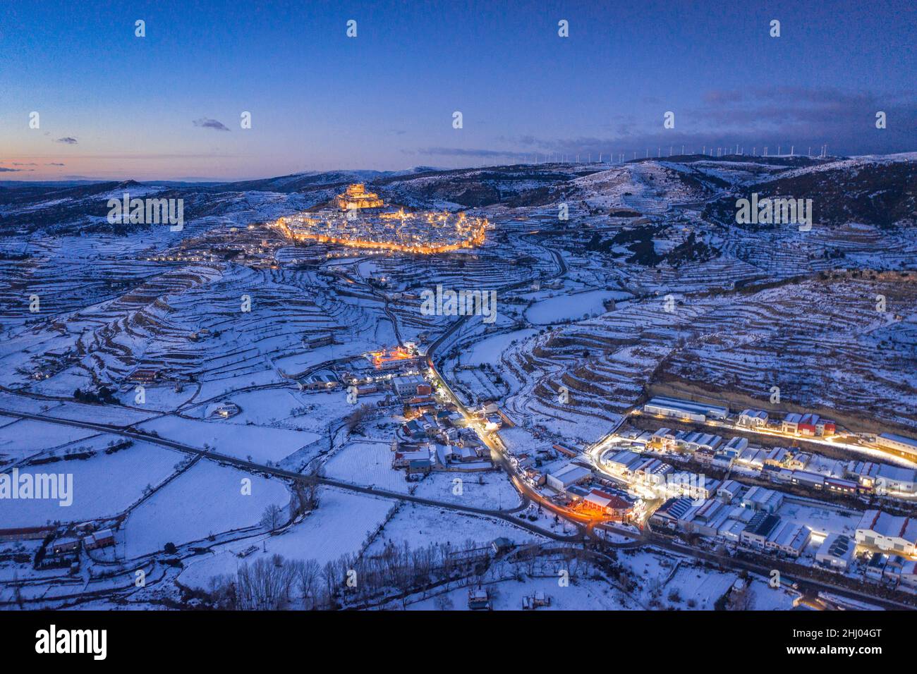 Morella medieval city aerial view, in a winter blue hour, after a ...